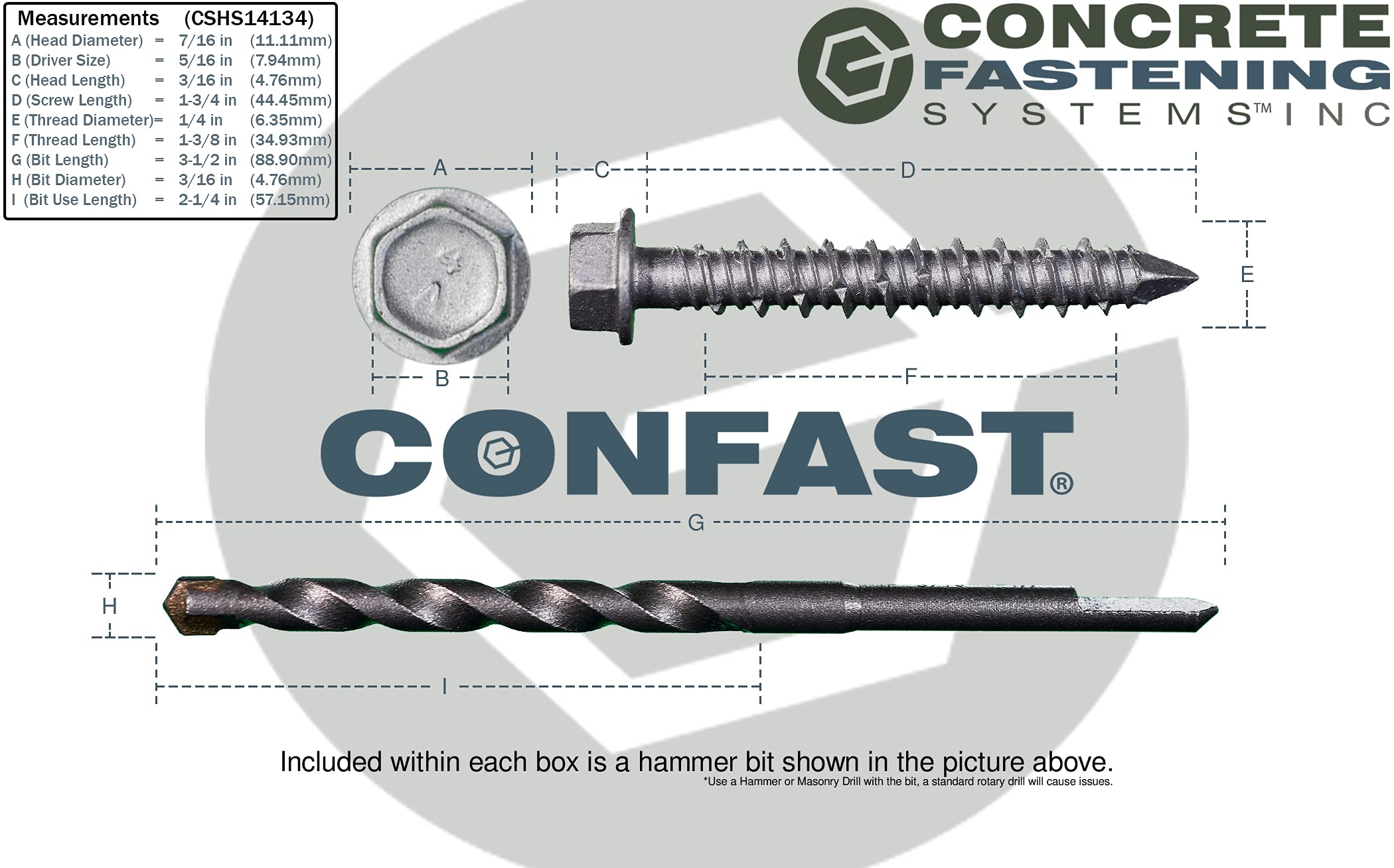 CONFAST 1/4" x 1-3/4" Concrete Screws 410 Stainless Steel Hex with Concrete Drill Bit for Anchoring to Masonry, Block or Brick (50 per Box)