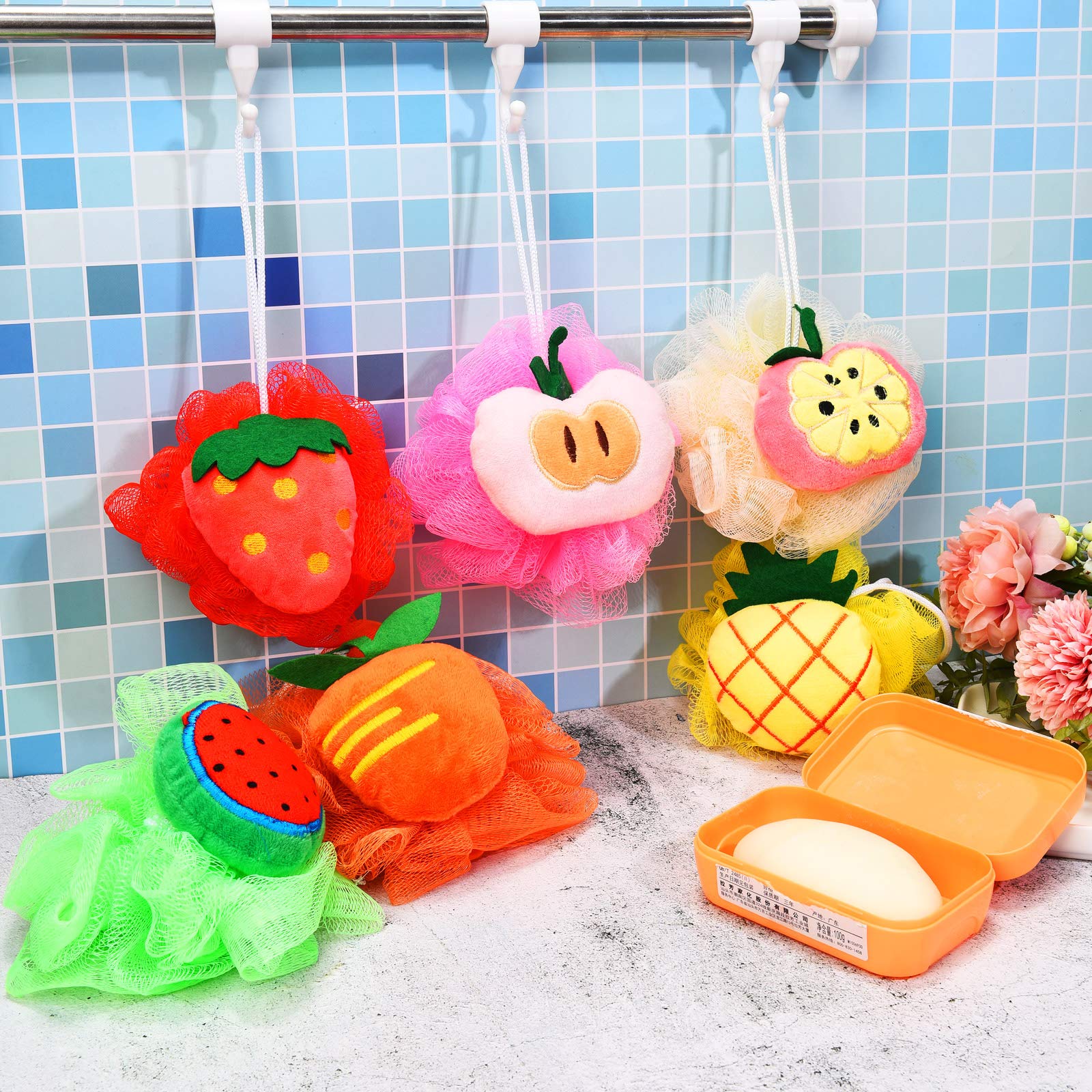 6 Pieces Cute Fruit Bath Shower Sponge Loofahs Mesh Pouf Shower Ball Colorful Cartoon Body Scrubber Balls Shower Mesh for Kids Adults