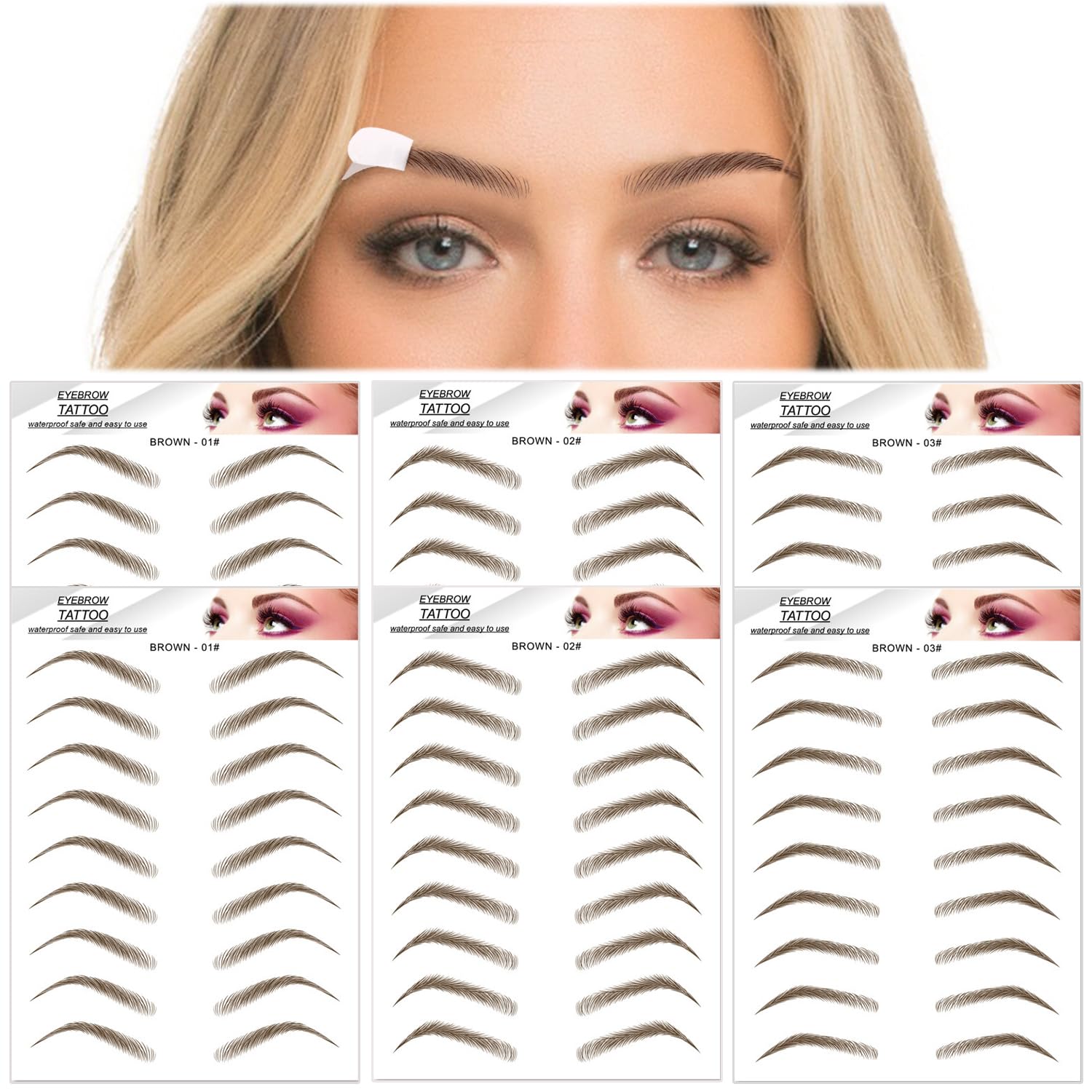 6 Sheets Eyebrow Tattoo Stickers 6D Realistic Stick-On Eyebrow Stencil Shape Waterproof Transfer Eyebrow Decal Quick Makeup Tool(3 styles brown)