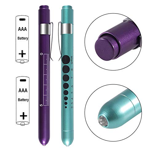 ALMOCN 2 Pack Pen Light,Nurse Medical Reusable LED Penlight White Light with Pupil Gauge and Ruler,Teal and Purple