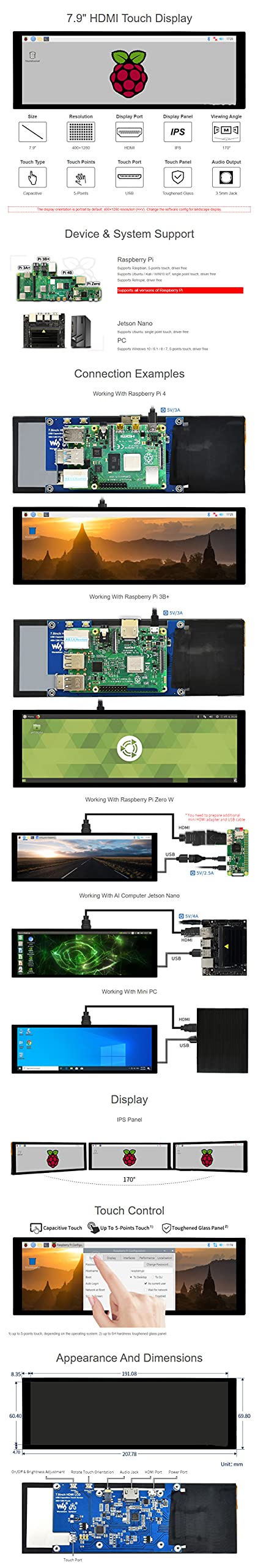 Iunius 7.9inch Capacitive Touch Screen LCD, 400×1280, HDMI, IPS, Toughened Glass Cover, Fits of Raspberry Pi,Jetson Nano,PC,Windows 10/8.1/8 / 7