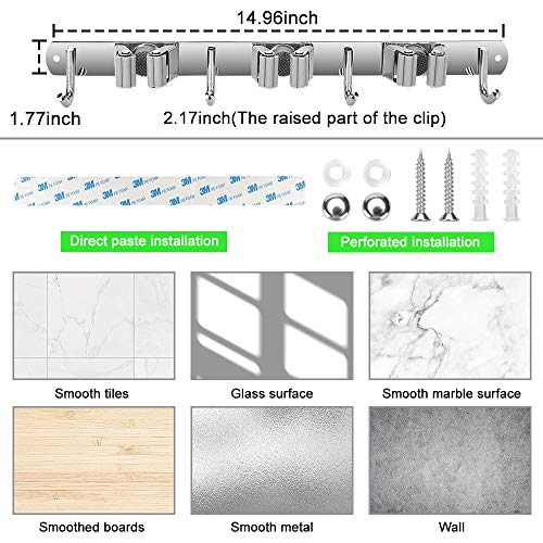 Mop and Broom Holder Wall Mount, SullWaker 3 Position with 4 Hooks Can Hold 7 Tools Stainless Steel Broom Organizer Wall Mount, Storage Hook Suitable for Home, Kitchen, Bathroom, Garage 1 Pack