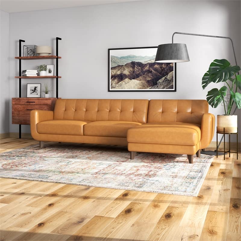 ASHCROFT Elva Mid Century L-Shaped Genuine Leather Right Facing Chaise Sectional, Light Brown Tufted Tight Back Sectional Sofa for Living Room Waiting Area Office Apartment Dorm Home, Tan