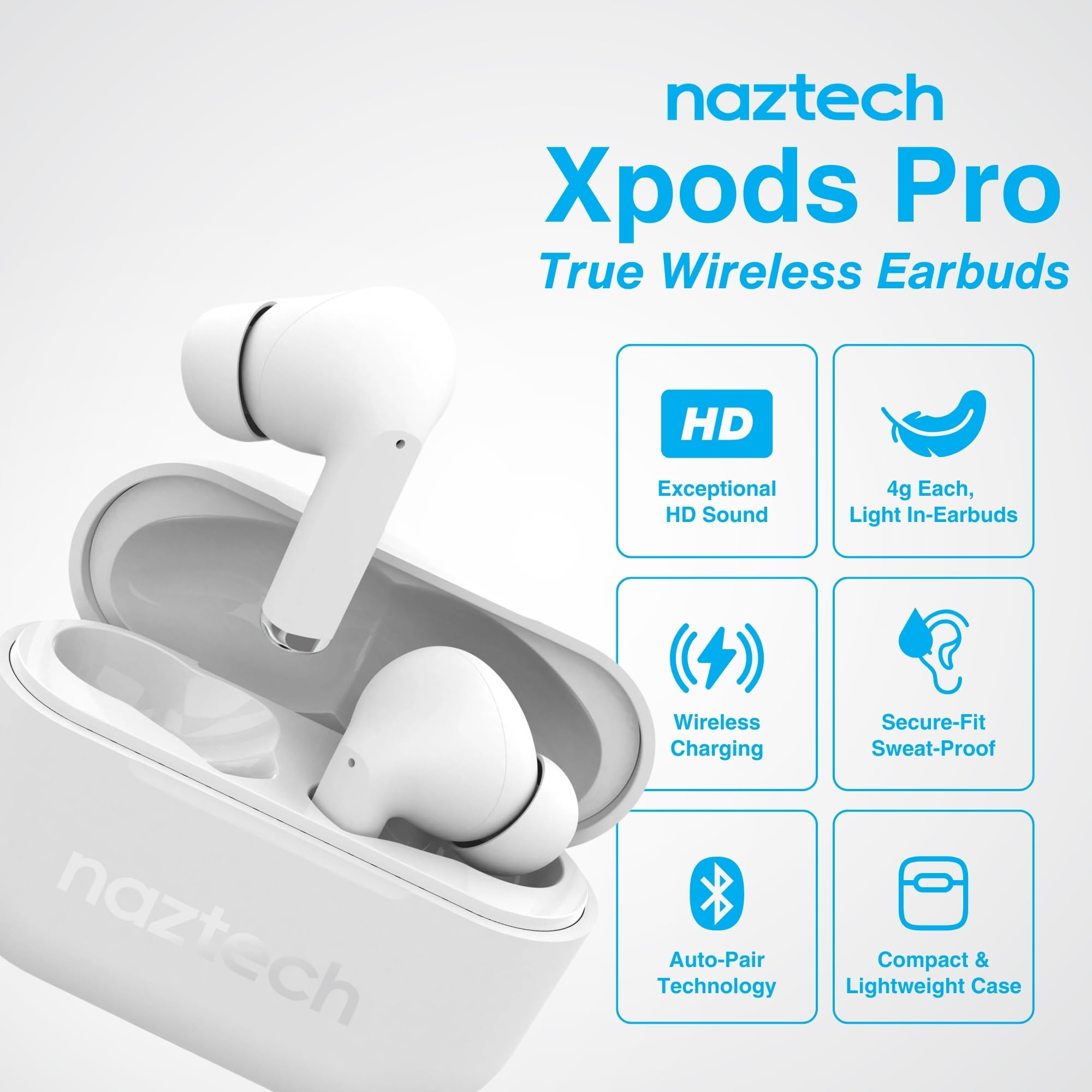 Naztech Xpods PRO - True Wireless Noise Cancelling Earbuds w/Touch Control, IPX4 Water-Resistant, HD Sound, Secure Fit for Sports, Gym Workouts & More, Includes Wireless Charging Case - White