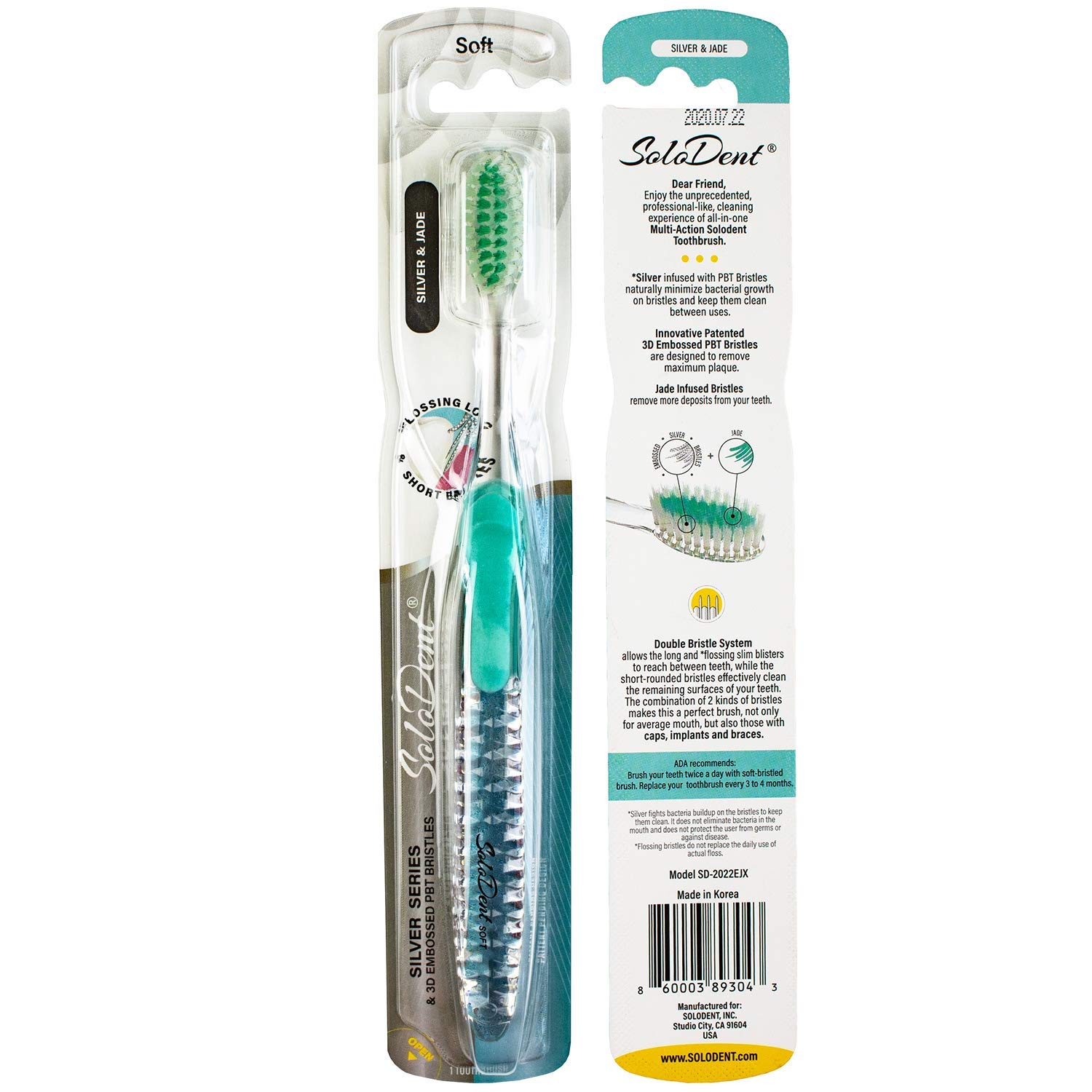 Solodent Toothbrush Soft, Silver & Jade Flossing Bristles (Pack of 2) Colors May Vary