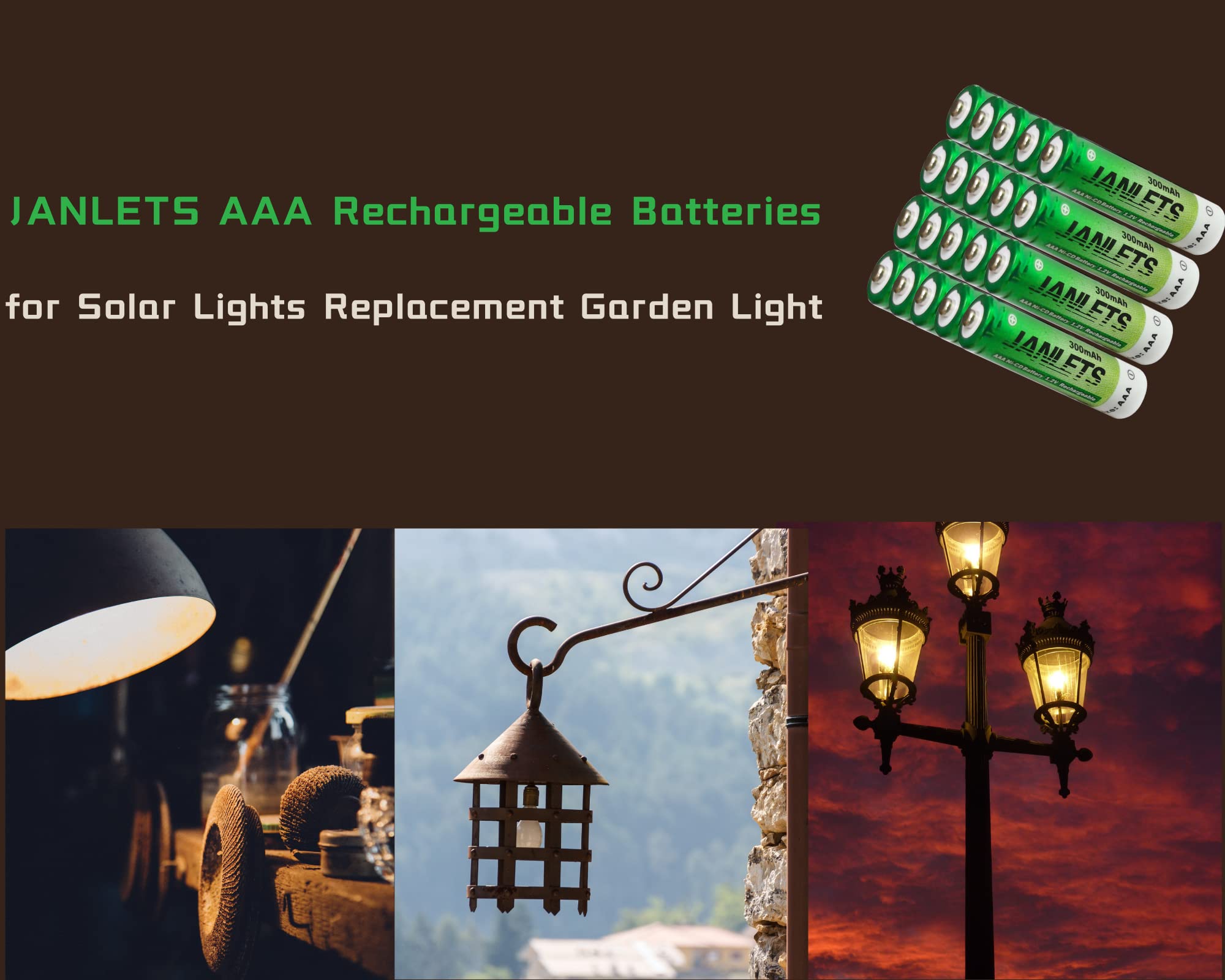 JANLETS Solla NiCD AAA Rechargeable Battery, 300mAh Solar Batteries(20pack) for Solar Garden Lights, Anti-Leak, Outdoor Durability, Toys
