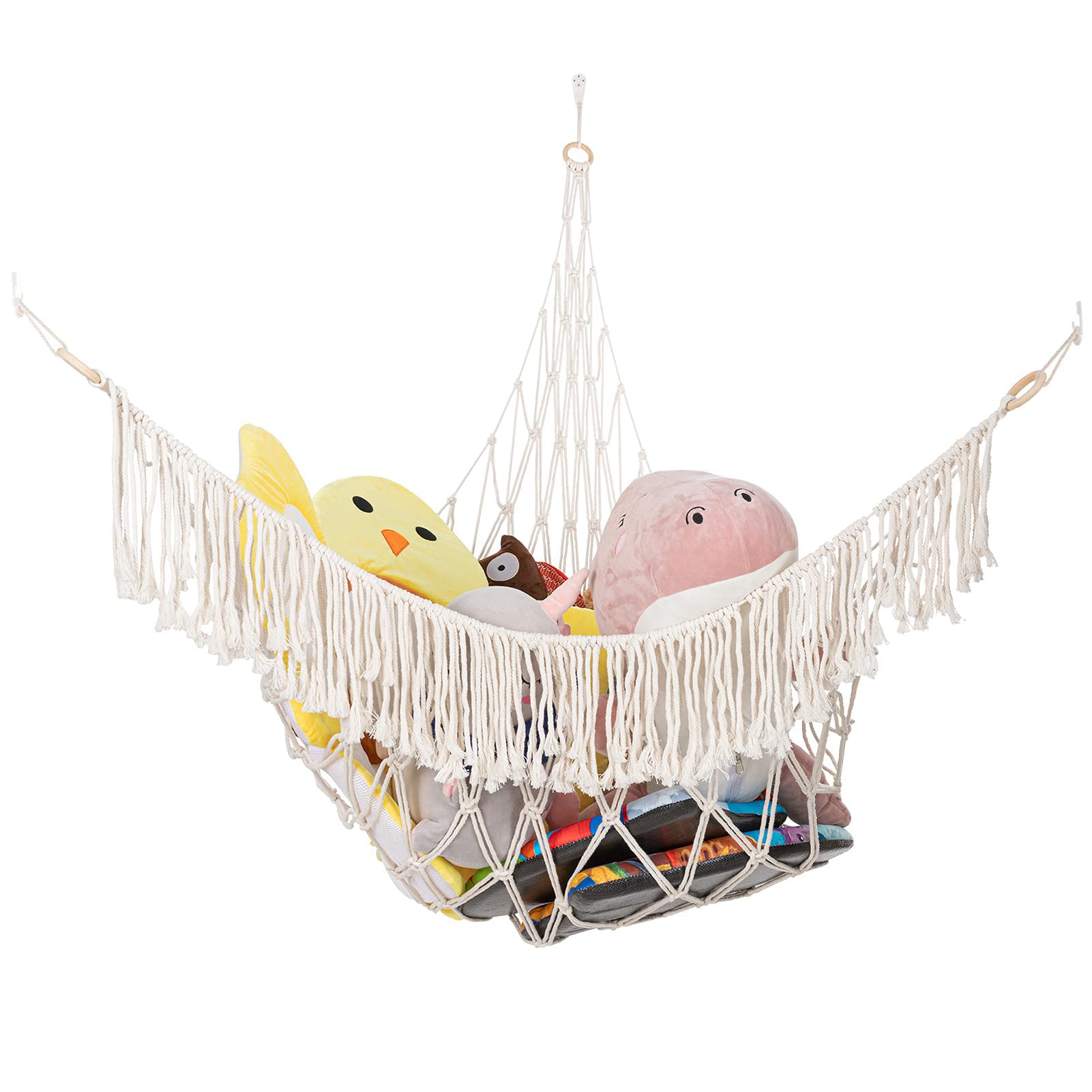 64.6" x 64.6" x 44.9" Boho Stuffed Animal Toy Corner Hammock- Large Size Macrame Toy Hammock with 3pcs Non-Trace Nails Hanging Toy Organizer Storage Net for Kids Bedroom Nursery Play Room