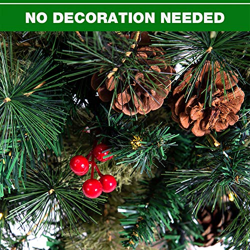 AsterOutdoor Pre-lit Christmas Tree 4ft Artificial Potted Fir with Lights Holly Berries Pine Cones Stands for Indoor Porch Table, Xmas Holiday Decoration, Easy Assembly