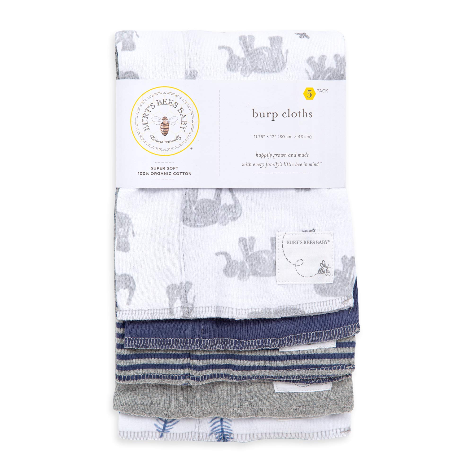 Burts Bees Baby Infant Burp Cloths, 100% Organic Cotton Extra Absorbent Soft Fabric Drool Cloths, 5-Pack Newborn Must-Have Essential Large Burping Cloths, One Size 17 x 11.75 Inches