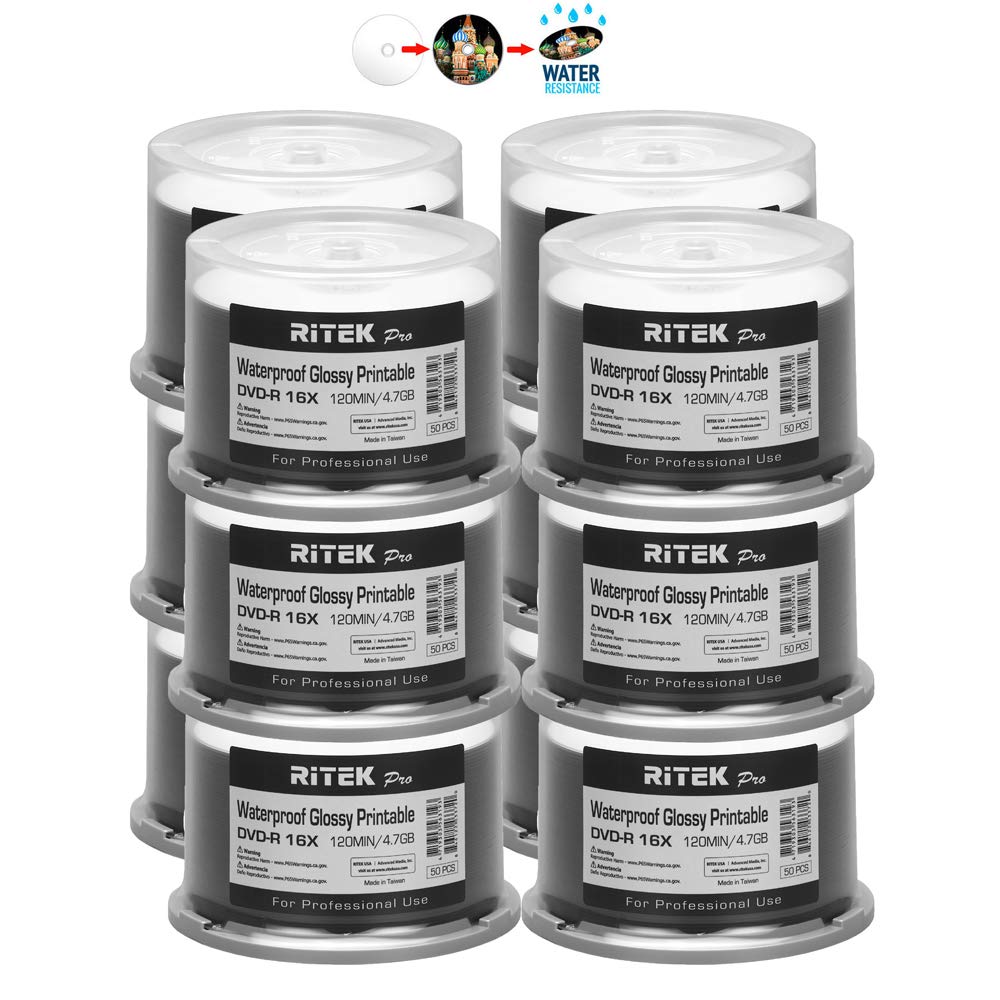 600 Pack Ritek Pro (Professional Grade) DVD-R 16X 4.7GB AZO Dye (MID MXL RG04) Watershield Water Resistant Glossy White Inkjet Hub Printable Blank Recordable Disc