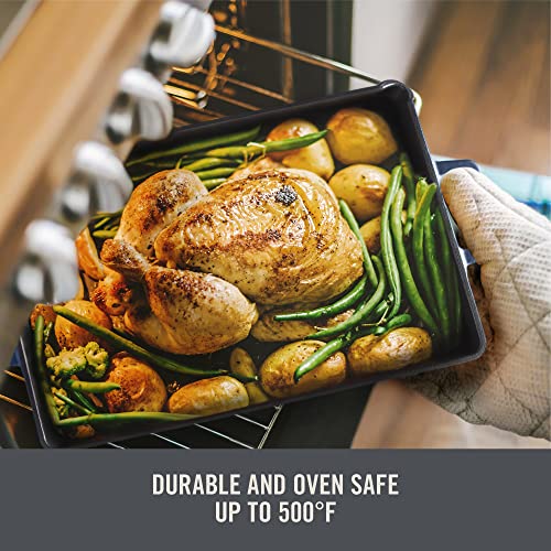 DASH Zakarian by Dash 9"x13" Nonstick Cast Iron Pan with Pour Spout and Removable Silicone Grips for Searing, Baking, Broiling, Grilling and more - Blue