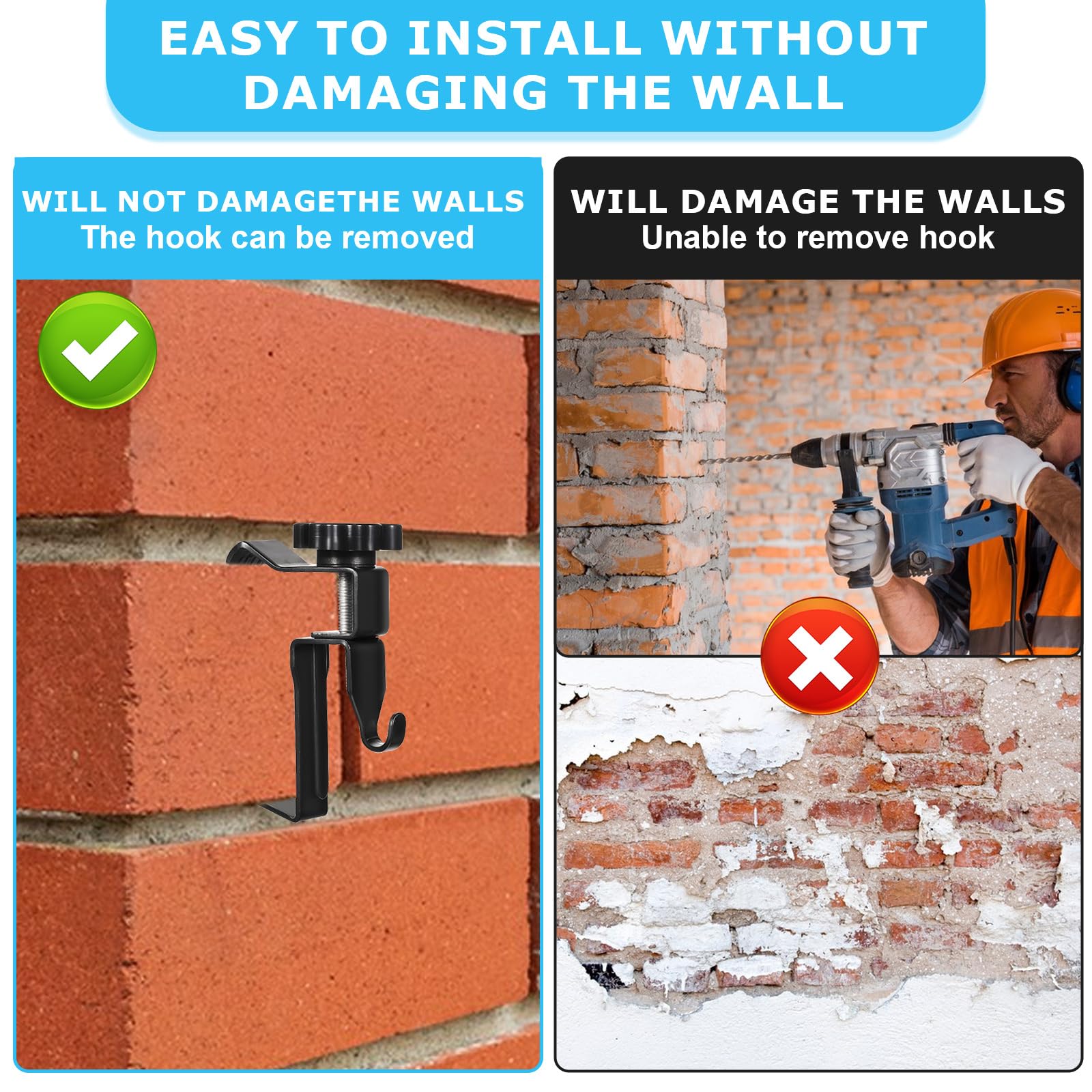 10 Pcs Brick Wall Clips, Stainless Steel Brick Hooks Clamps, Brick Hangers Clips for Hanging Outdoor, 1.77-2.95 Inches Adjustable Brick Hangers Clamps, Brick Hook Brick Hangers No Drill
