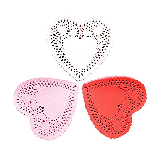 4 Inch Mini Valentine Heart Doilies Cutouts Lace Paper with 3 Colors Red, Pink and White for Valentine's Day Party (300 Pieces)