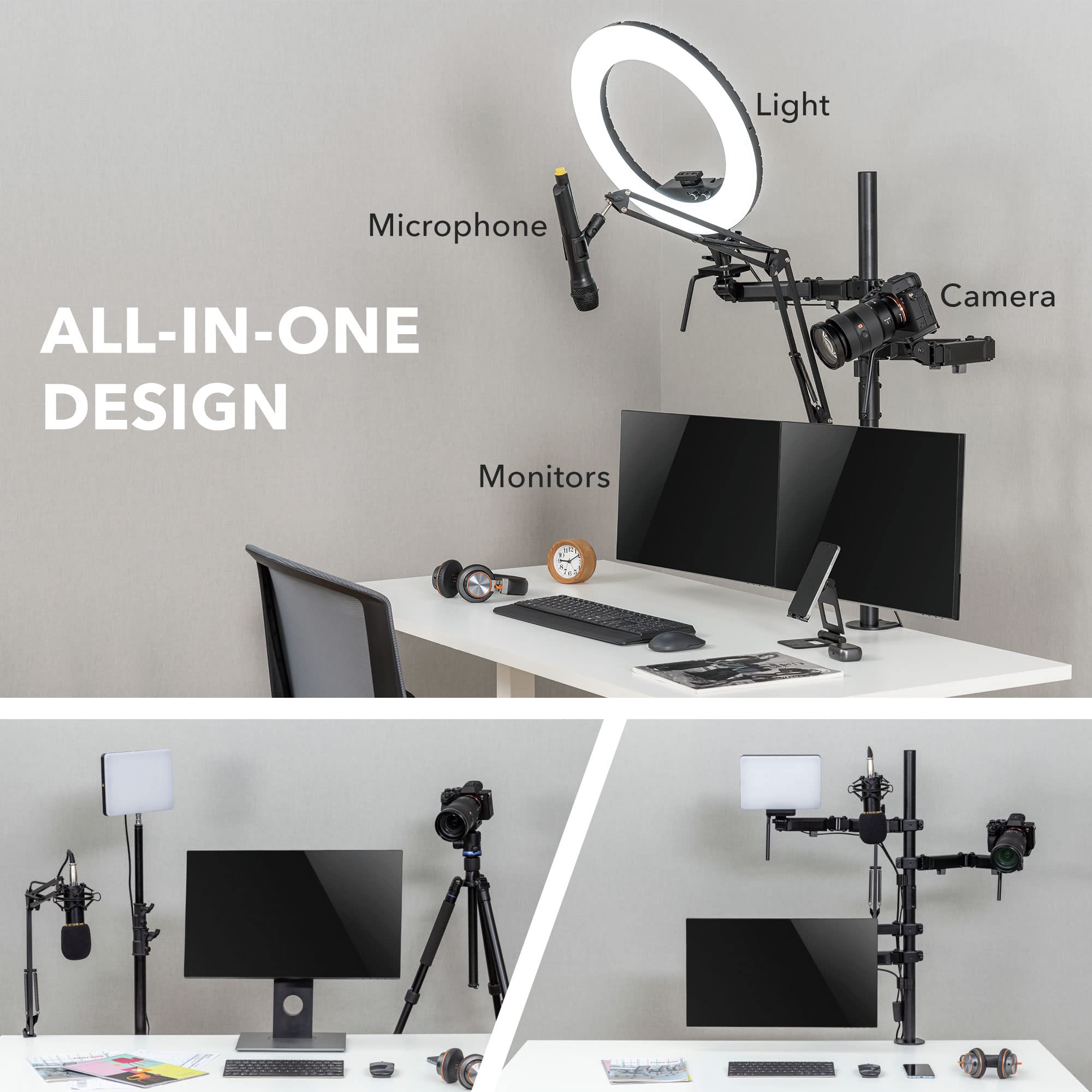 Mount-It! All in One Live Streaming Equipment | 5 Arm Streaming Desk Mount That Holds Dual Monitors, Cameras and Ring Light with Mic | YouTube Setup for Recording and Facebook Live Equipment