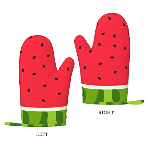 1 Pair Thickened Cartoon Watermelon Kitchen Silicone Oven Mitts, Summer Fruit Waterproof Polyester Pot Holder Gloves for Grilling Microwave