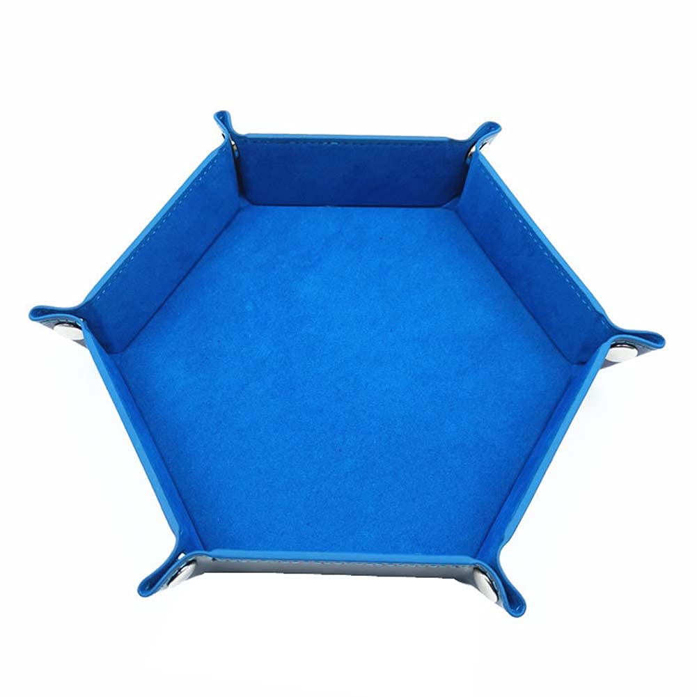 1 Piece Dice Holder Dice Pad Dice Rolling Tray PU Leather Dice Tray Hexagonal Folding Dice Tray for Dice Gaming and Other Table Games, Blue