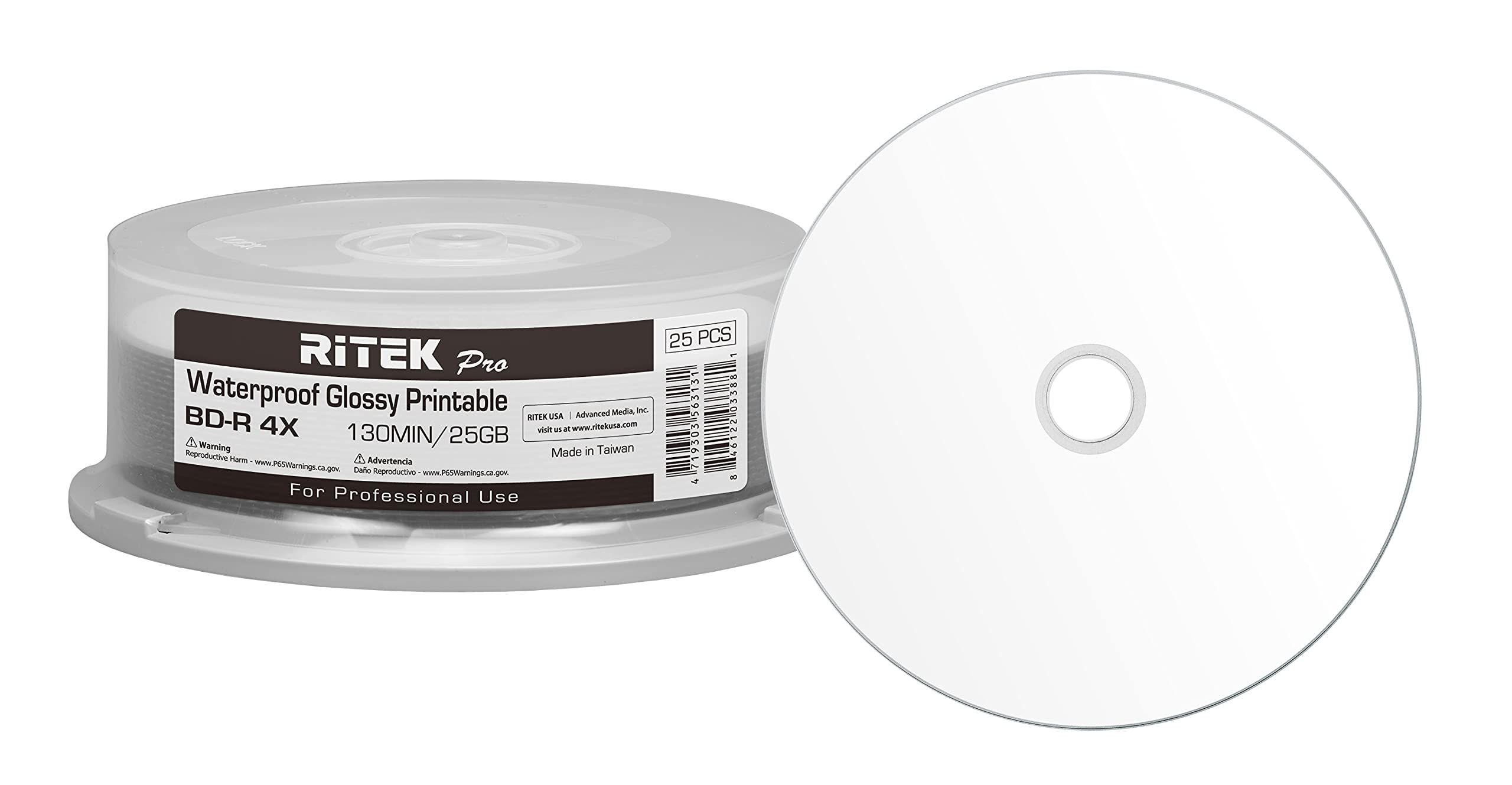 25 Pack Ritek Pro (Professional Grade) BD-R Blu-ray 4X 25GB Watershield Water Resistant Glossy White Inkjet Hub Printable Blank Recordable Disc