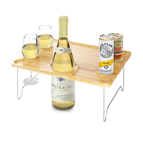 Comfort Theory Bamboo Wine Picnic Table | Collapsible Tray for Indoor & Outdoor Use | Perfect Wine Lover Gift | Folding Table with Wine Glass & Hard Seltzer Can Holders | Wine & Cheese Server