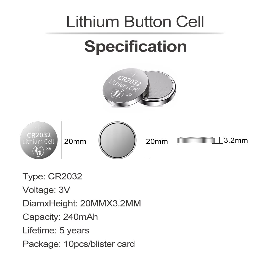 PGSONIC CR2032 3V Lithium Battery (10pcs), Compatible with AirTag, Key Fobs, Smart Sensors, Scales, Candles and More