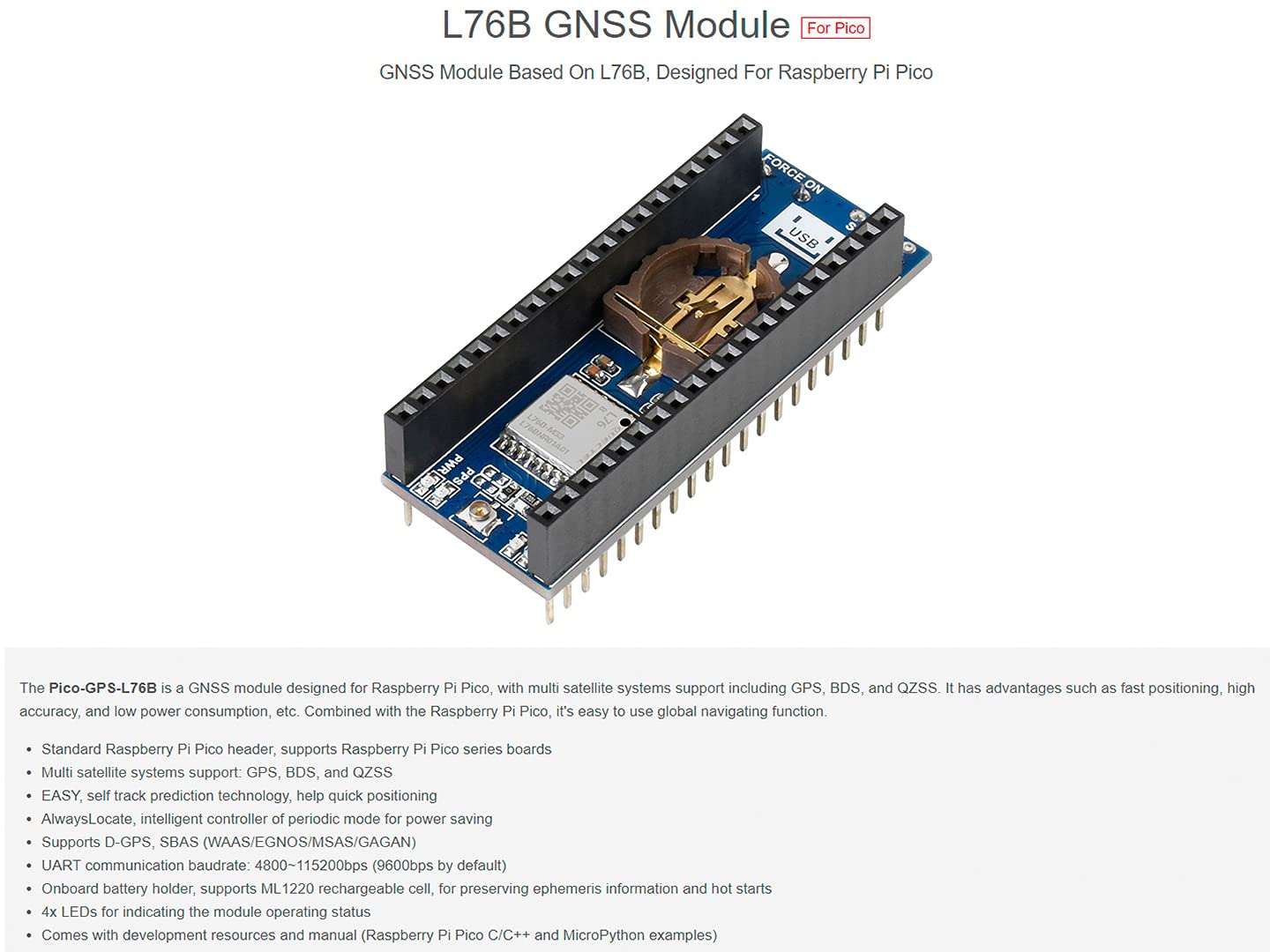 Bicool L76B GNSS Module for Raspberry Pi Pico, Support Multi Satellite Systems GPS, BDS, and QZSS
