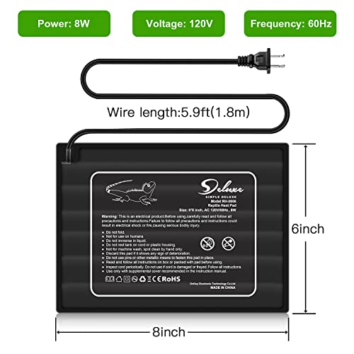 Simple Deluxe 6 X 8 Inch 8W Reptile Heating Pad Under Tank Heater Terrarium Warmer Heat Mat for Amphibians and Reptiles Pet, Black