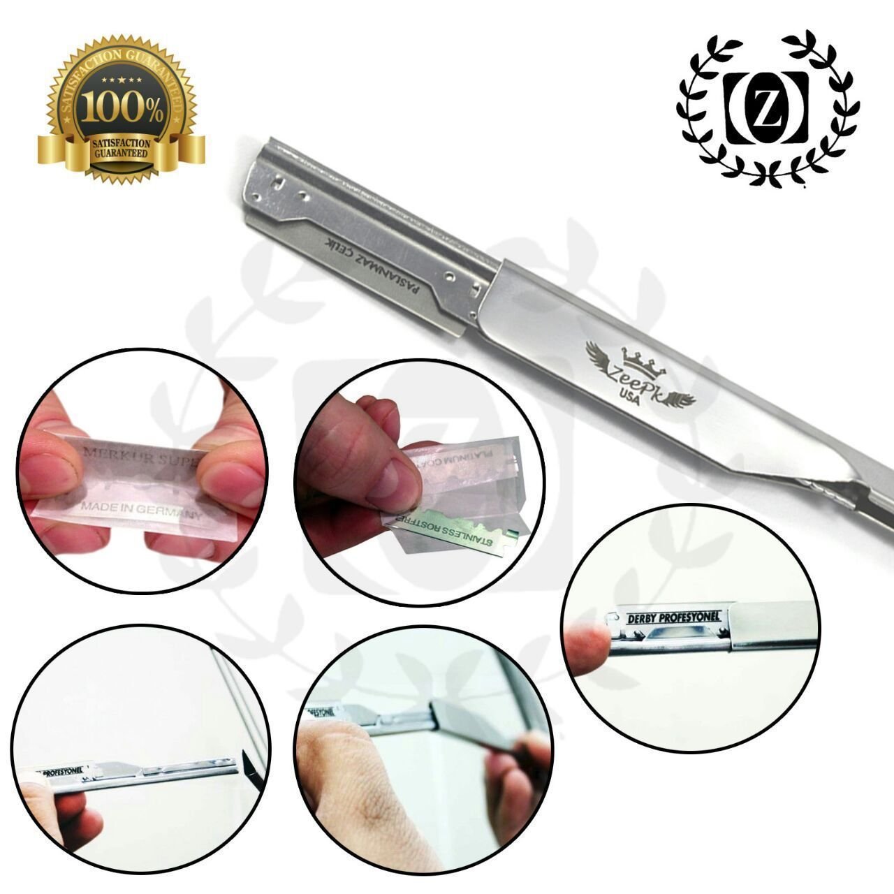 Straight Edge Razor - Barber Salon Quality (American Flag) Men's Beard Cut Throat Razor + 10 Shaving Blades By Zeepk
