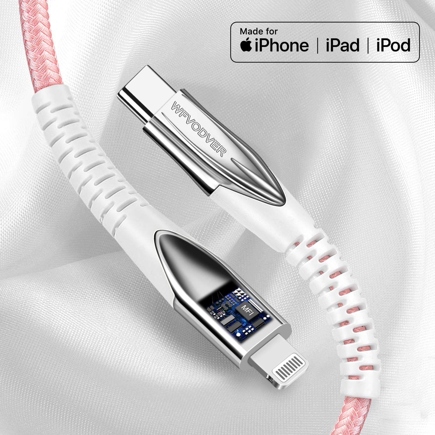 WFVODVER USB-C to Lightning Cable [MFI Certified] 10FT/3M iPhone 12 Nylon Braided Type C Fast Charging Cable Compatible with iPhone 12/12Mini/12 Pro/11/11Pro/11 Pro Max/X/XS/XR/XS MAX (Pink)