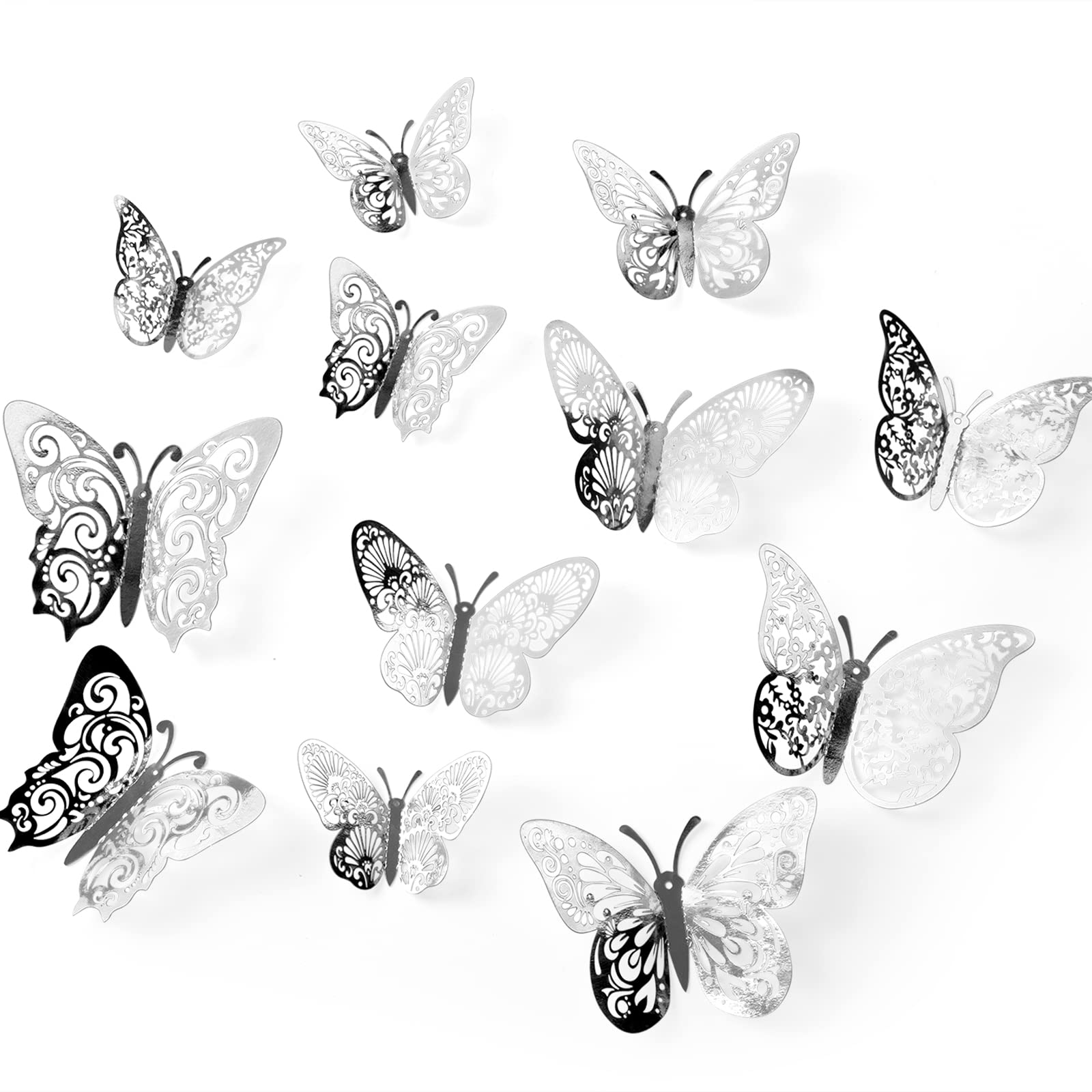 3D Butterfly Wall Decor Stickers Silver Butterfly Decorations Party, 48Pcs 4 Patterns 3 Sizes, Butterfly Cake Decorations Paper Butterflies Wall Decals for Kids Baby Nursery Room Bedroom Birthday