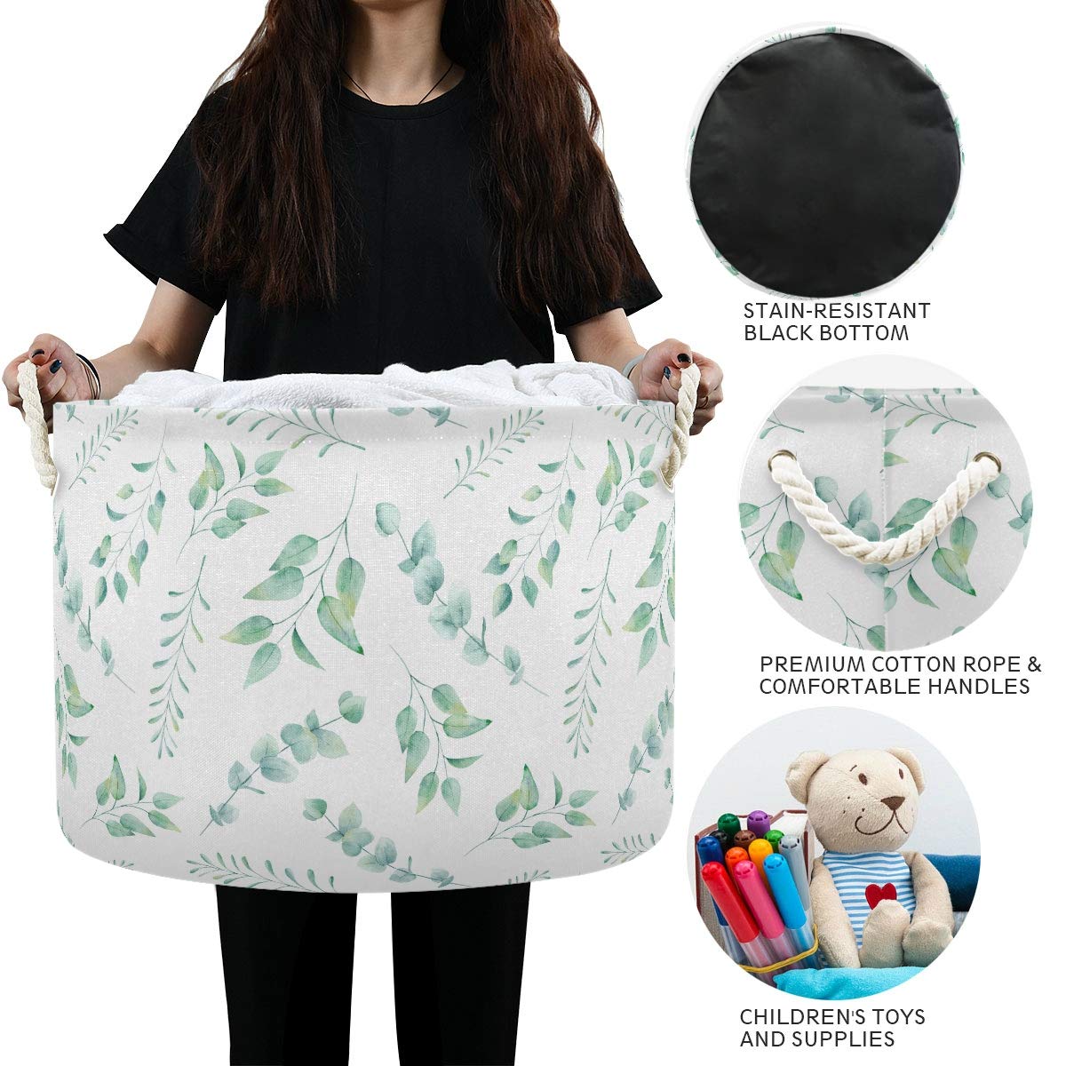 ALAZA Large Storage Basket for Toys Eucalyptus Leaf Green Tropical Plant Round Blanket Basket Laundry Hamper Canvas Organizer Bin Box Cotton Rope Collapsible Bucket Pillow Home Decor