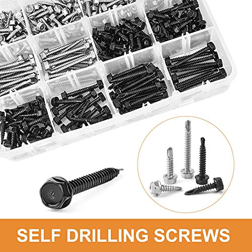 VIGRUE 410 Stainless Steel 360 Pieces Self Tapping TEK Screw Assortment, #8 Hex Washer Head Self Drilling Screws Full Thread Sheet Screw Kit for Metal