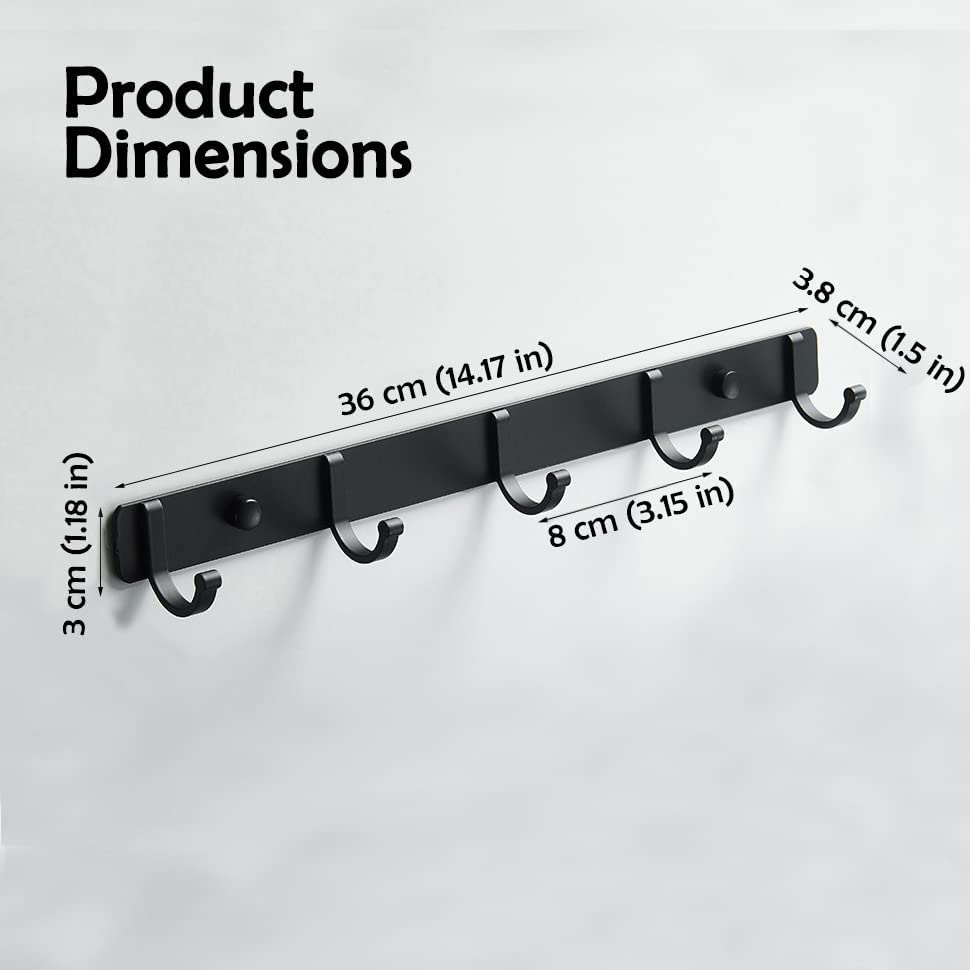 14 Inch Black Matte Bathroom Towel Hooks Mount Stainless Steel Heavy Duty Shower Wall Coat Rack Hooks Decorative Bath Hooks for Hangin,Hats Hook Kitchen Towel Wall Hook Rack for Hanging-5 Hooks