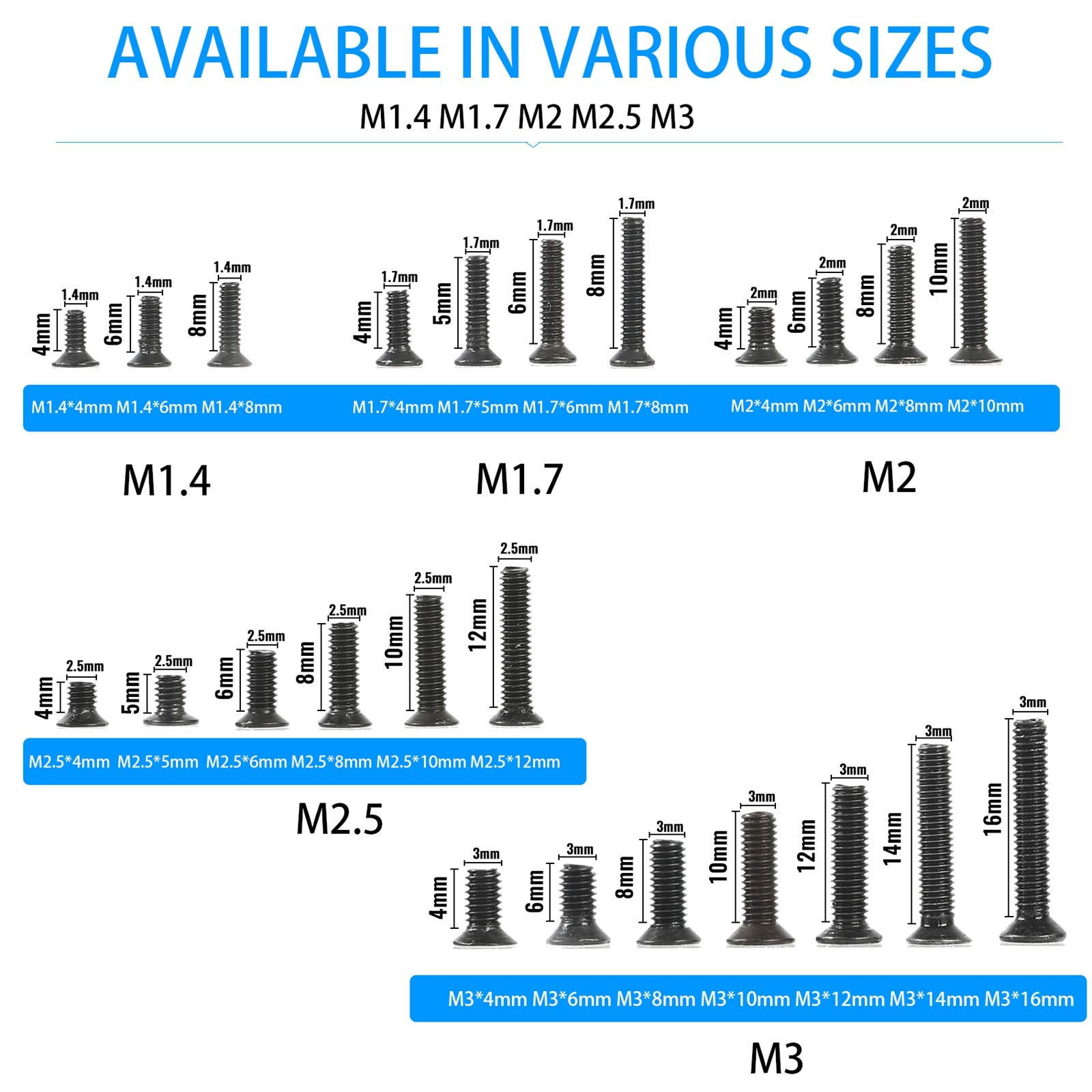 MEIYYJ 720pcs Laptop Notebook Screws Set,Replacement Computer Screws Kit,M1.4,M1.7,M2,M2.5,M3 countersunk Flat Head Phillips Mini Screw Set for Electronic Repair.
