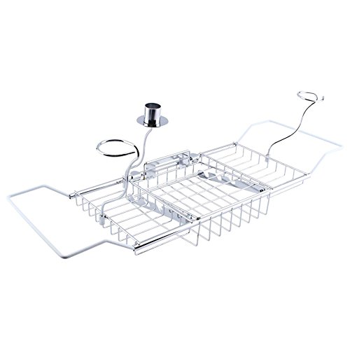 Bath Tray for Tub, Adjustable Bathtub Caddy Tray with Extending Side, Metal Bathtub Shelf Expandable Storage Rack Organizer with Wine Glass and Phone Holder for Home Bathroom Luxury Bathing, Silver