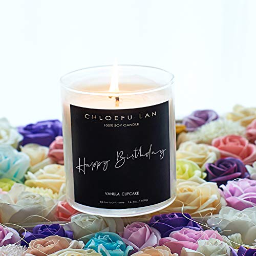 Chloefu LAN Happy Birthday Vanilla Cupcake Sugar Sweet Scented Soy Wax Candle for Home | 14.1 oz Clear Glass Jar, 100 Hour Burn Time Highly Scented & Long Lasting Burning All-Natural Organic Candle