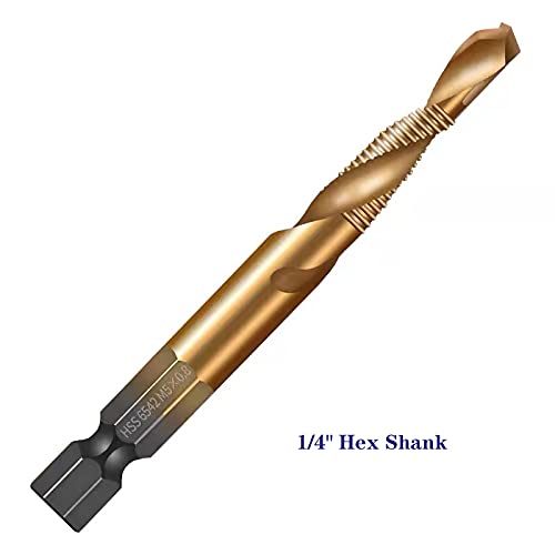 6 Pcs Titanium Combination Drill Tap HSS Bit Set,3 in 1 Drilling Tapping Burr Bit Set Screw Tapping with 1/4 Inch Hex Shank for Alloy, Wood, Plastic, Soft Metal, Etc.M3-M10(Long Handle