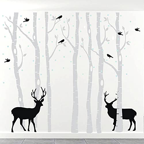 HOSNNER Deers Tree Wall Stickers - Forest Mural Wallpaper for Bedroom Kids Baby Nursery Vinyl Removable DIY Decals 82.7x70.9 inch Grey+Black