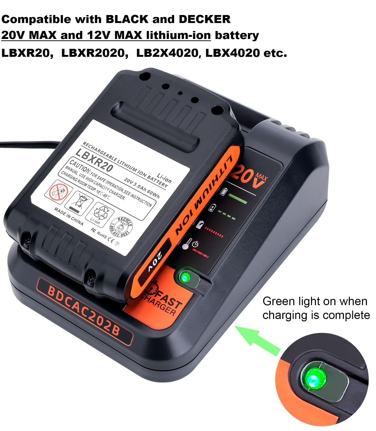 2 Amp Fast Charger Replacement for Black & Decker 20V MAX Lithium Battery Charger BDCAC202B,Compatible with Black and Decker 12V 20V Lithium Battery LBXR20 LBXR2020 LBX12 LBXR4020