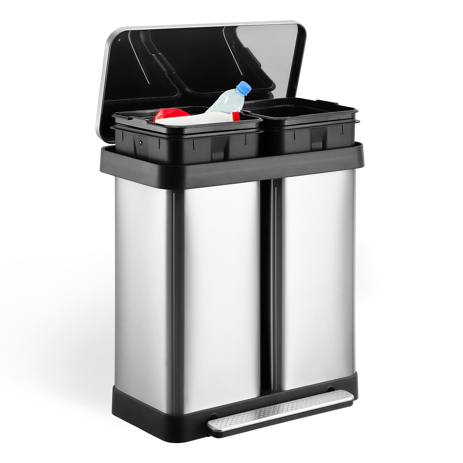 16 Gallon Kitchen Trash Can, Dual Compartment for Recycling and Trash, Without Inner Bucket, Wide Stainless Steel Shape (8 + 8 for 16 Gallon Total)