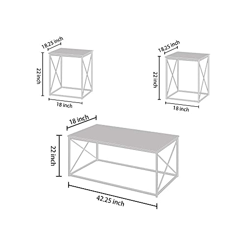 Coral Flower Modern Coffee Table Includes Coffee Table and Two End Tables, Modern Industrial Metal and Wood Occasional Tables, 3pc, Dark Oak