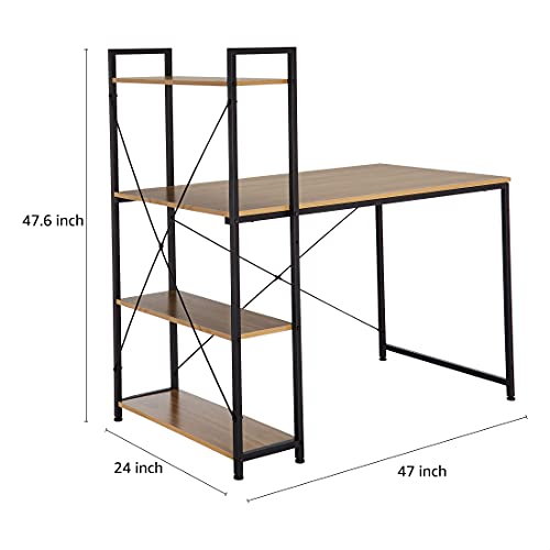 Coral Flower Tower Computer Desk with 4 Tier Shelves - 47'' Multi Level Writing Study Table with Bookshelves Modern Steel Frame Wood Desk Compact Home Office Workstation ,Light Walnut