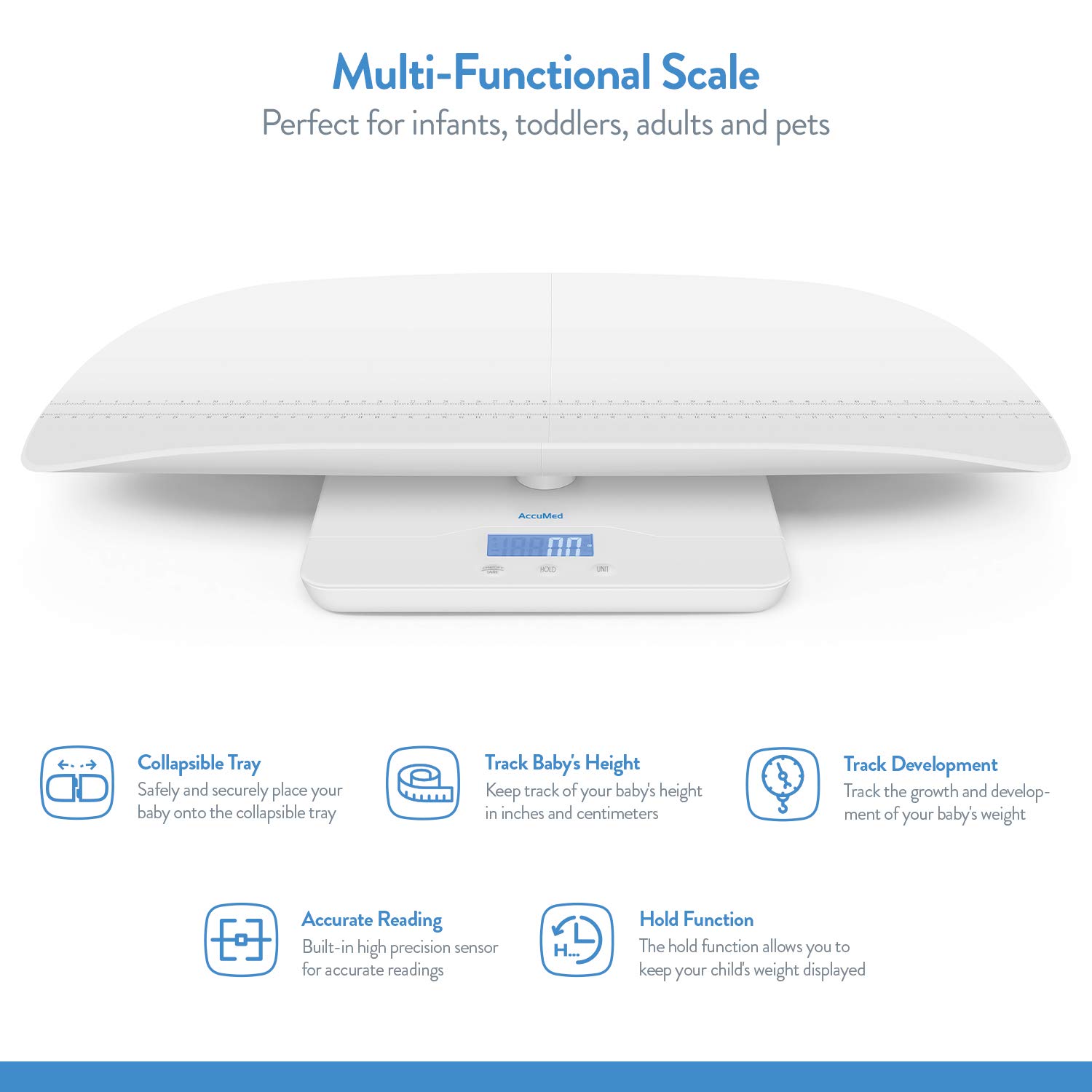 AccuMed Baby Scale, Pet Scale, Multi-Function Toddler Scale, Digital Baby Scale, Blue Backlight, Weight and Height Track