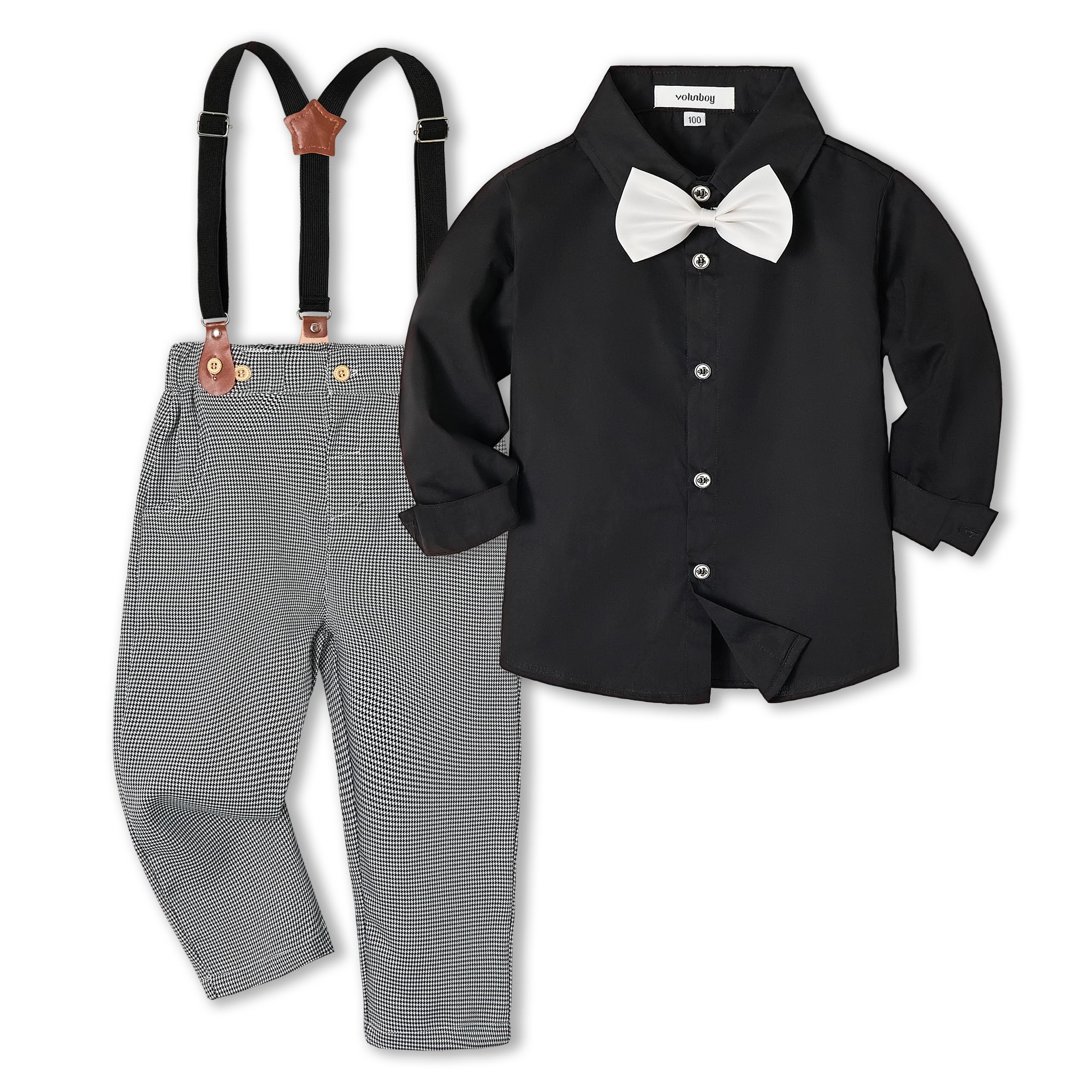 Volunboy Boys Clothes Set Toddler Gentlemen Wedding Suit Long Sleeve Bow Tie Shirts Suspenders Pants Ring Bearer Outfits (Black, 2-3T)