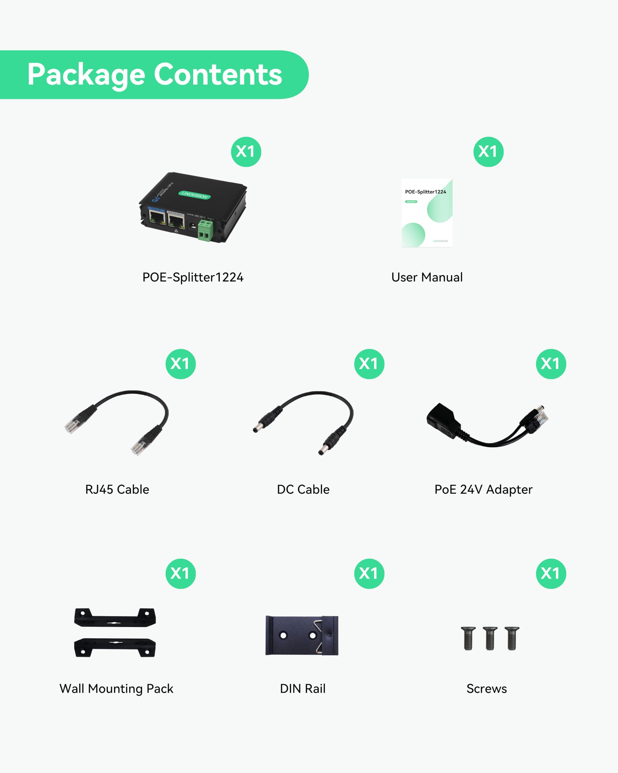 LINOVISION Industrial Gigabit POE+ Splitter with DC12V/DC24V/ POE 24V Output, Wide Voltage Input, IEEE802.3af/at POE to DC Power Supply for Security Cameras, Access Control Systems