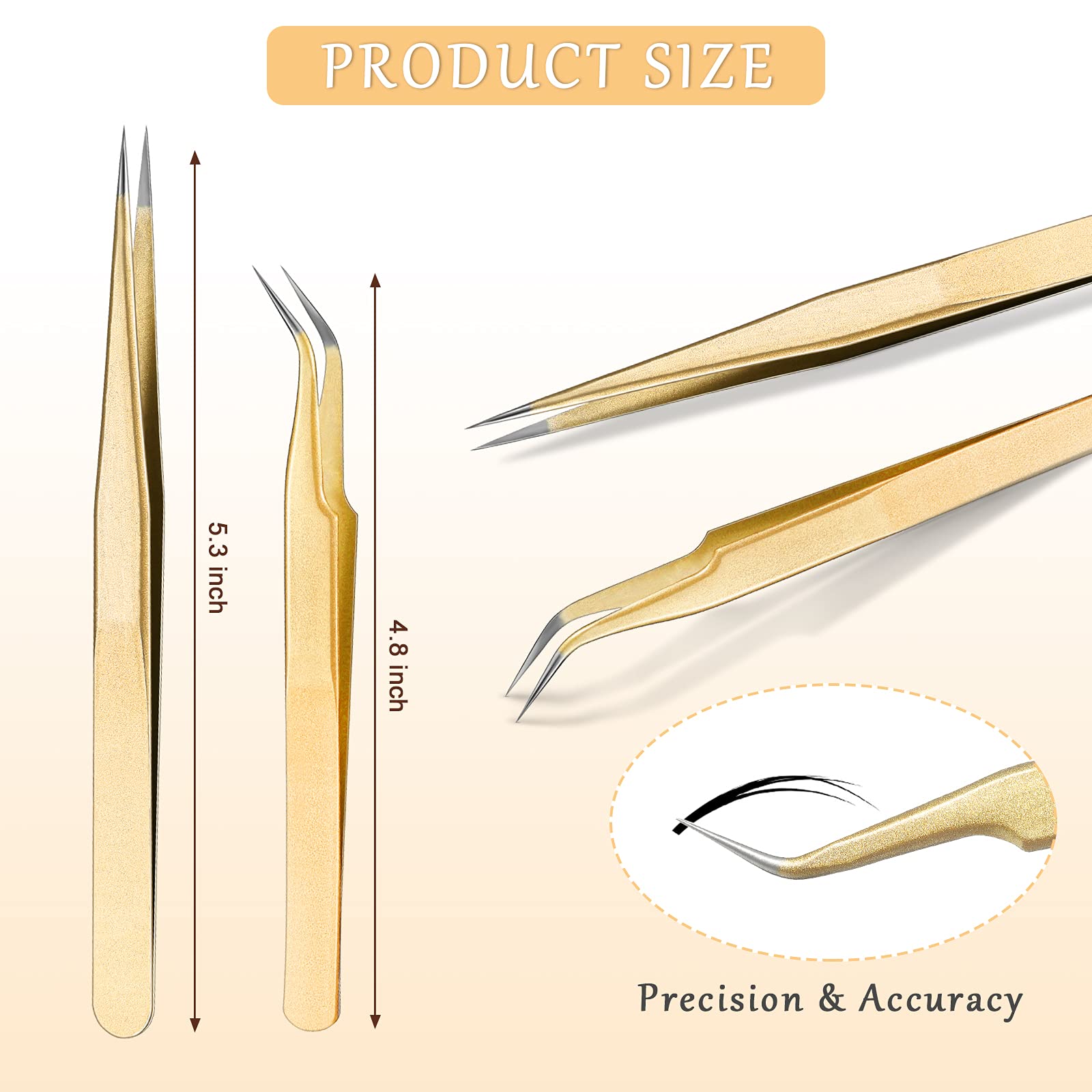 6 Pieces Eyelash Extension Tweezers, Straight and Curved Tip Stainless Steel Tweezers Nippers Volume Lash Tweezers for Eyelash Extensions False Lash Application Tools (Gold)