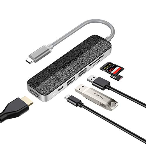 ROKHY USB C HUB 6 in 1 Type C Adapter with 2 USB 3.0 Ports, 4K USB C to HDMI, SD/TF Card Reader, 100W Power Delivery Type C Port for MacBook, iPad Pro, Laptop, Android Smartphones, Chromebook Pixel