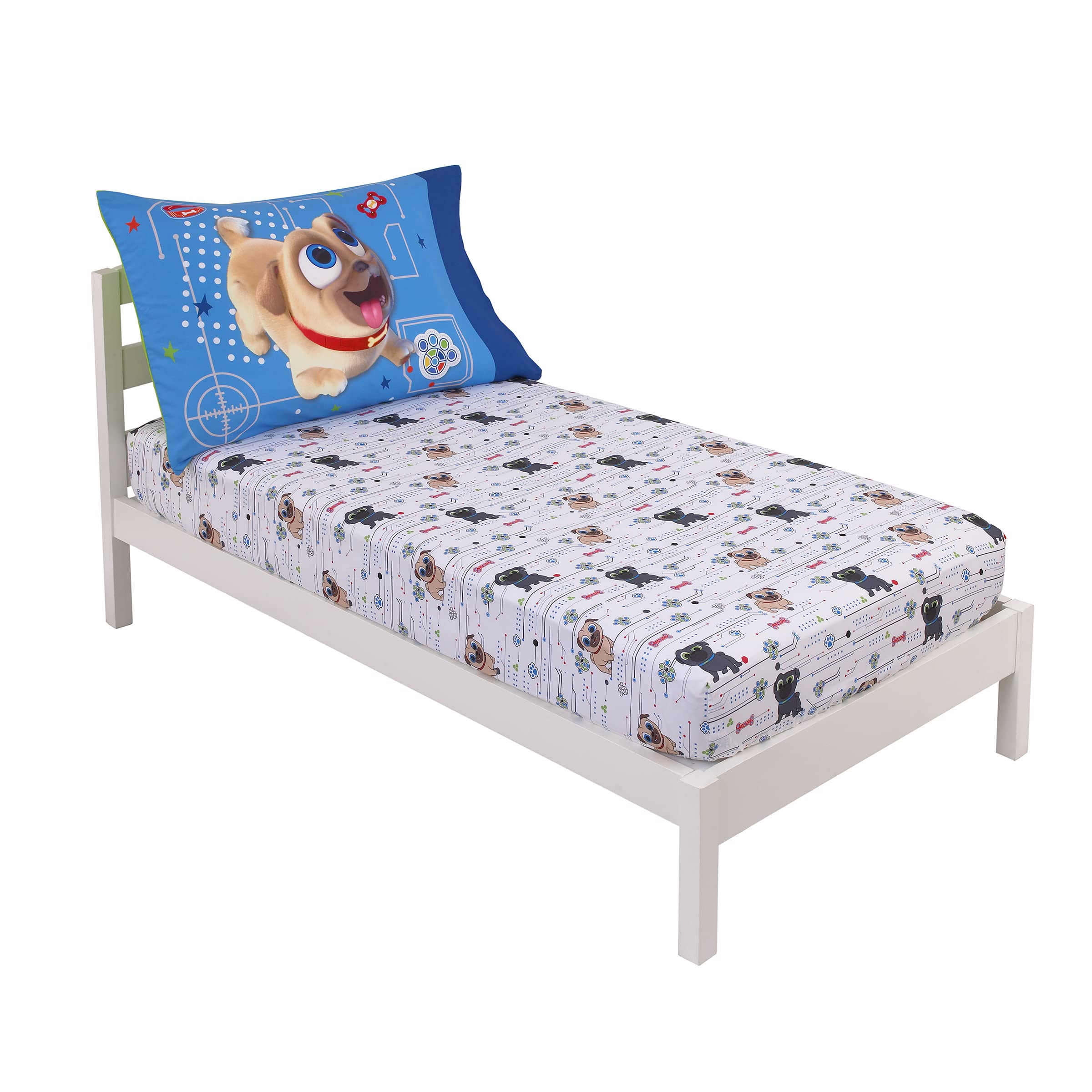 Disney Puppy Dog Pals Puppy Pals Fun White, Blue, & Green 2Piece Toddler Sheet Set - Fitted Bottom Sheet & Reversible Pillowcase, Blue, Green, Grey, White