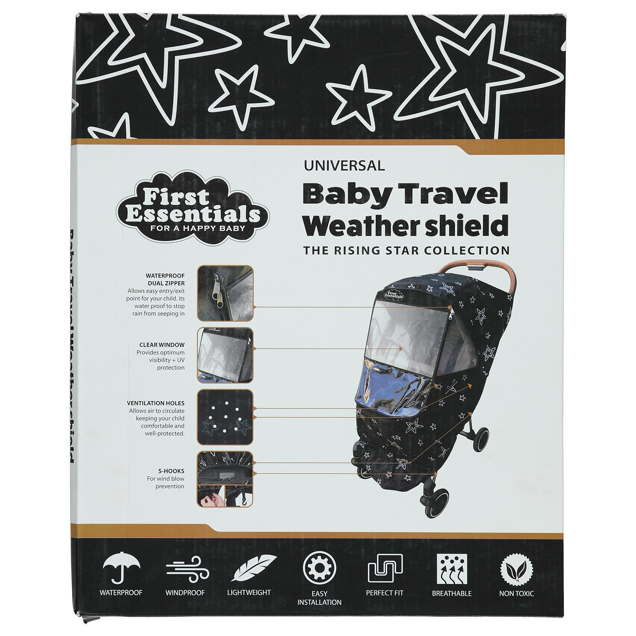 First Essentials Stroller Rain Cover Universal, Baby Travel Weather Shield, Windproof Waterproof, Protect from Dust Snow (Black)