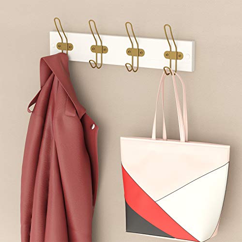 Tibres - Brushed Gold Wall Hooks for Hanging Coat Clothes and Towel - Brushed Gold Coat Hook Rack Door or Wall Mount - White Hanger with 4 Metal Matte Gold Hooks for Bathroom - Solid Wood