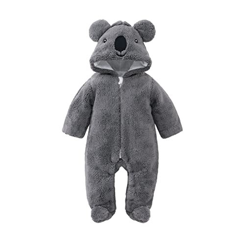 pureborn Newborn Baby Boys Fleece Footed Jumpsuit Hooded Snowsuit Pramsuit Winter Cartoon Romper Gray Koala 0-3 Months