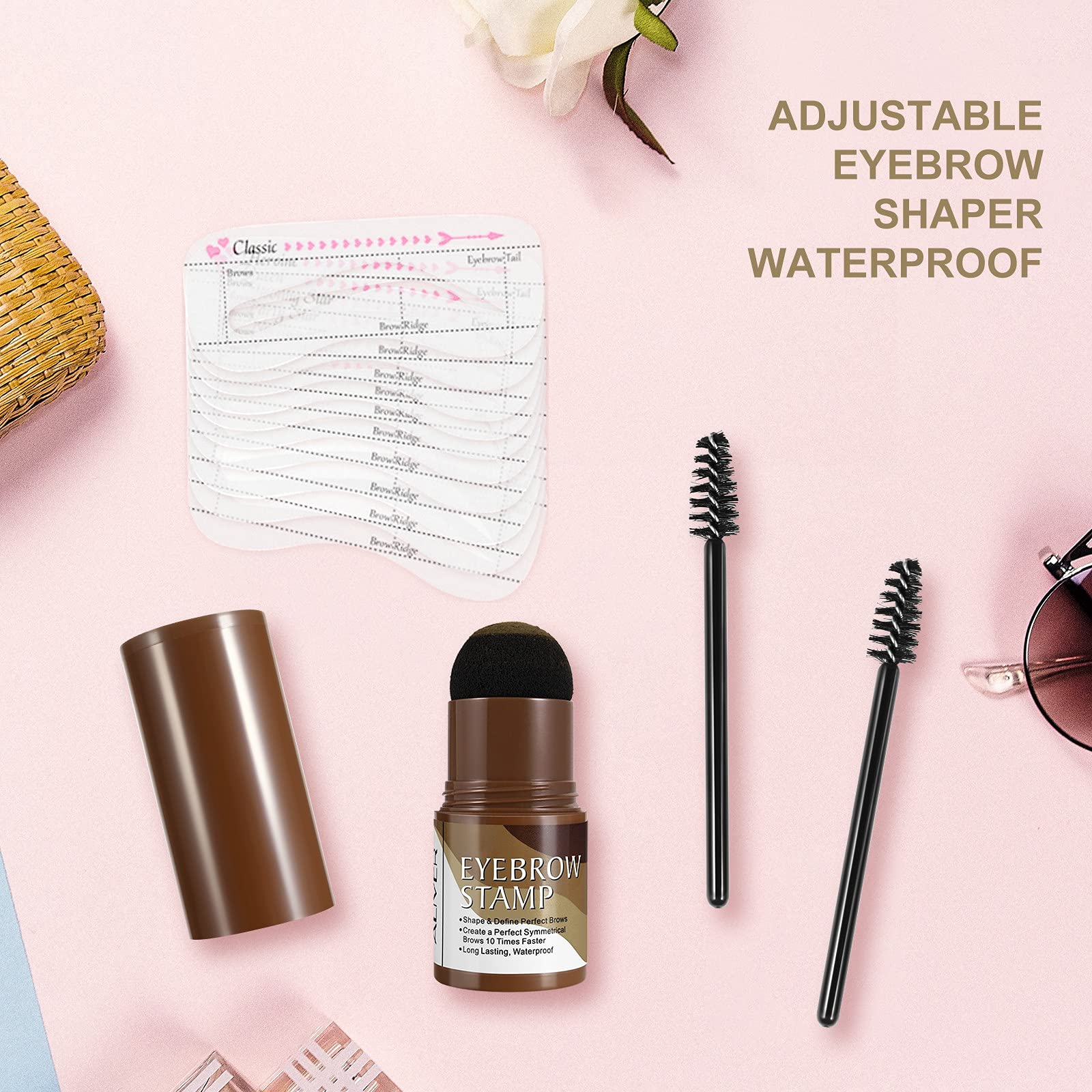 Eyebrow Stamp Stencil Kit, contains 10 reusable molds, and 2 small pencil brushes, Waterproof Brow Stamp and Shaping Kit, professional eyebrow styling tools (dark brown)